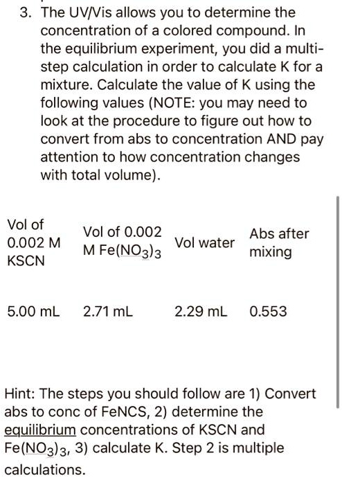 SOLVED: The UV/Vis allows you to determine the concentration of a colored compound. In the ...