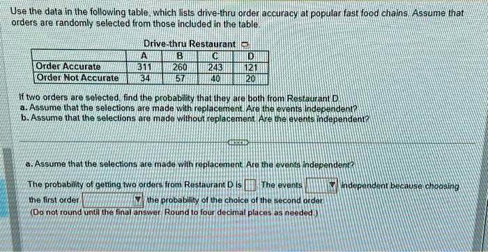 SOLVED: Texts: Use the data in the following table, which lists drive-thru order accuracy at ...