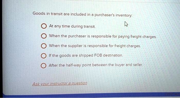 SOLVED: Goods in transit are included in a purchaser's inventory At any ...