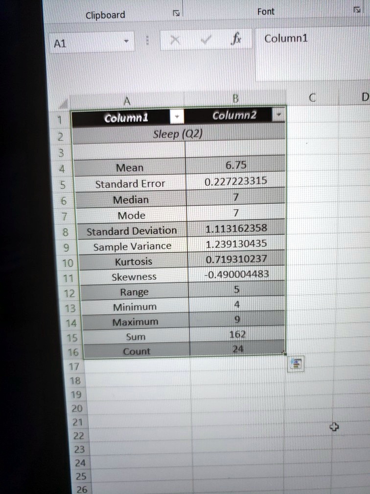 SOLVED: Clipboard Font Columnl Al Columnl Columnz Sleep (Q21 2 3 Mean 6.75 5 6 Standard Error ...