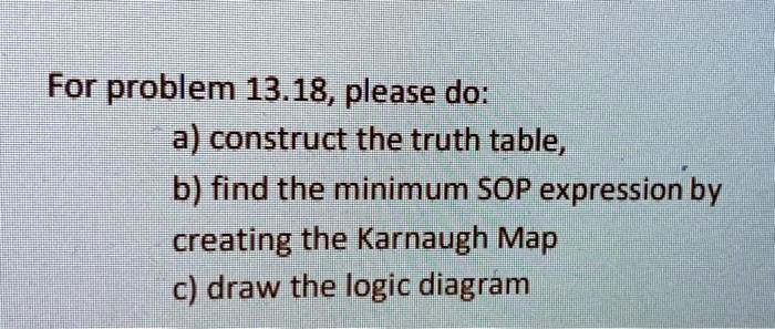 SOLVED: For problem 13.18, please do: a) construct the truth table; b) find the minimum SOP ...