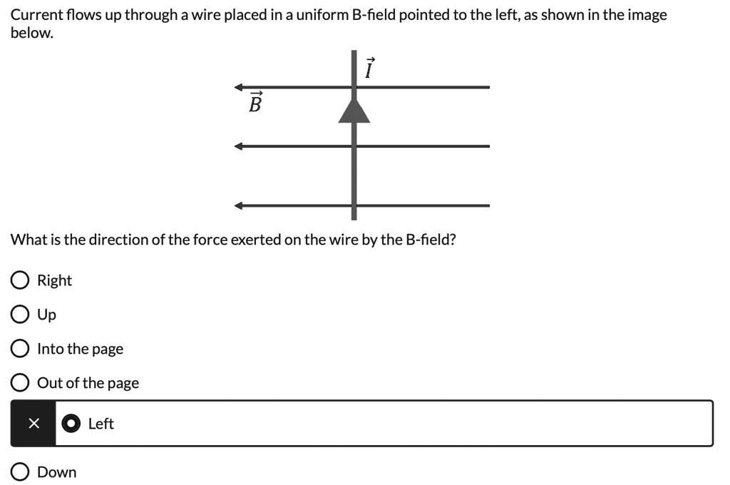 current flows up through a wire placed in a uniform b field pointed to ...