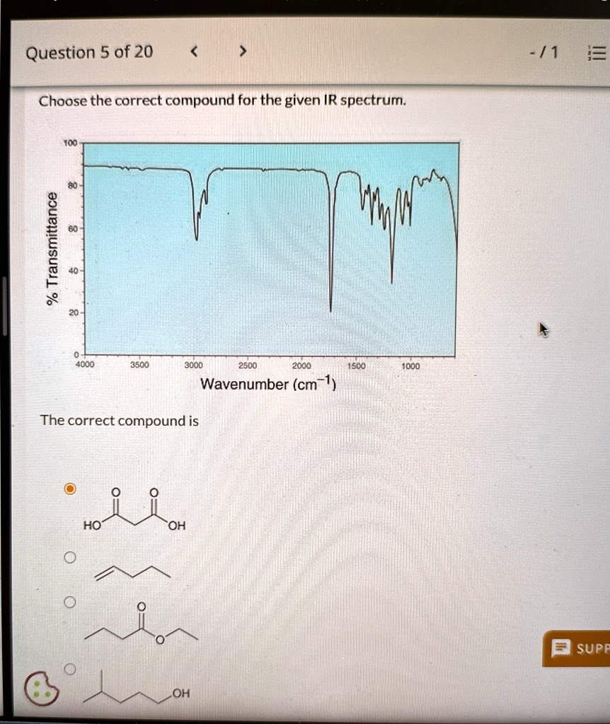 Question 5 of 20 Choose the correct compound for the given IR spectrum. % Transmittance 100 80 ...