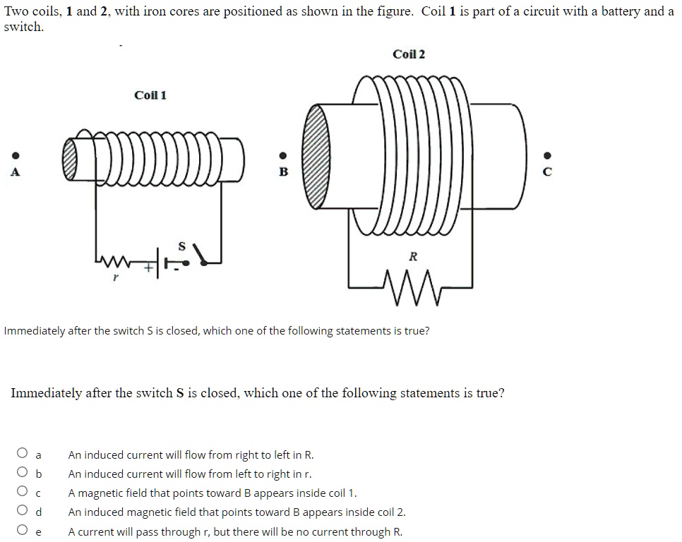 SOLVED: Two coils, 1 and 2, with iron cores are positioned as shown in the figure. Coil 1 is ...