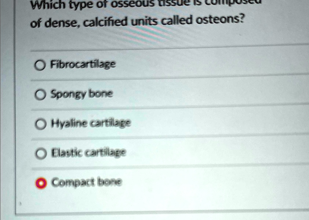 SOLVED: Of dense, calcified units called osteons? Fibrocartilage Spongy ...