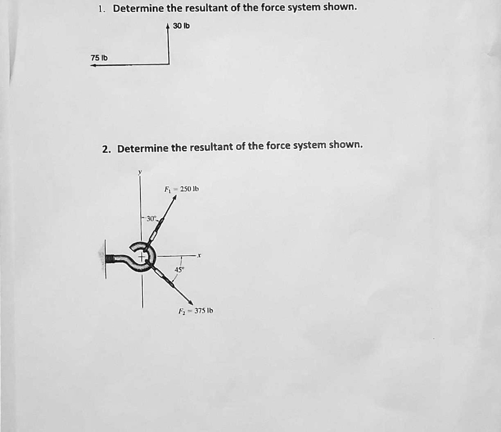 1. Determine the resultant of the force system shown. 75 lb ? 30 lb 2 ...