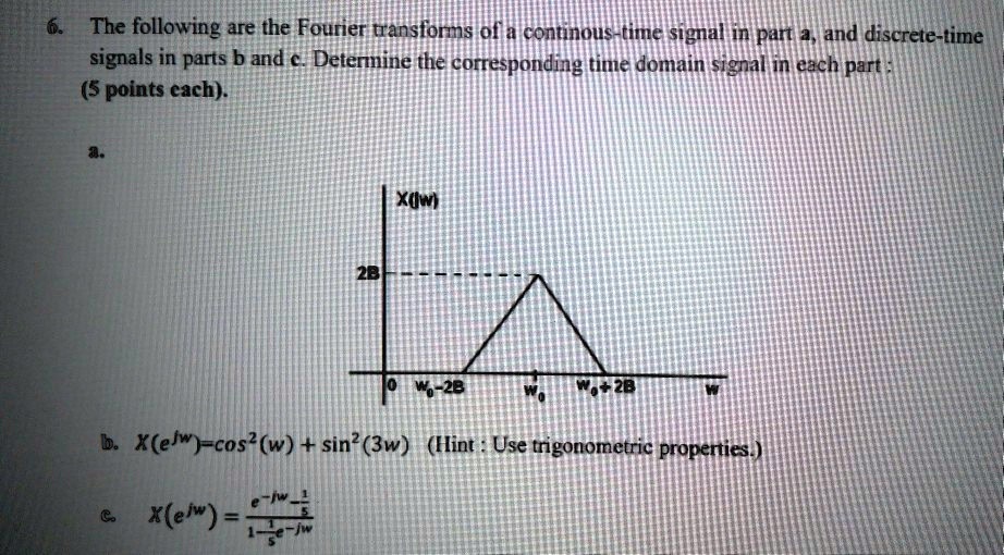 SOLVED: The following are the Fourier transforms of a continuous-time signal in part a, and ...