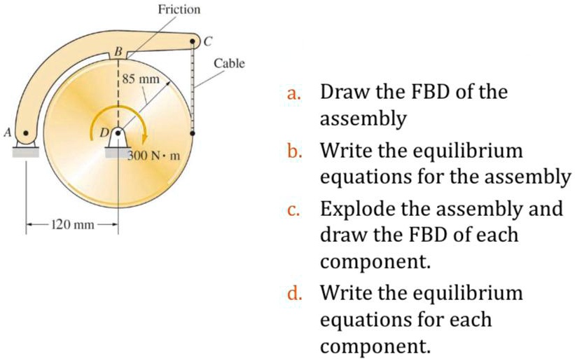 A 120 mm D B 85 mm Friciton 300 N.m C Cable a. Draw the FBD of the assembly b. Write the ...