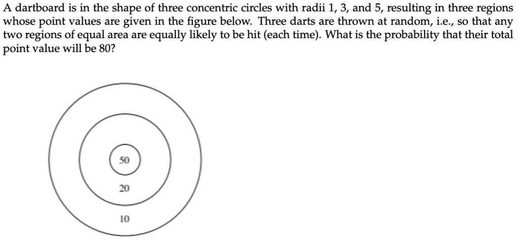 A dartboard is in the shape of three concentric circles with radii 1, 3 ...