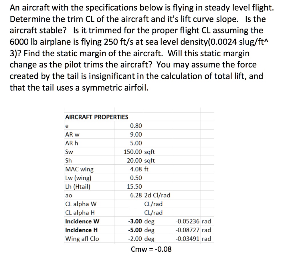 SOLVED: An aircraft with the specifications below is flying in steady ...
