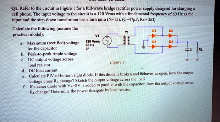 SOLVED: Refer to the circuit in Figure 1 for a full-wave bridge rectifier power supply designed ...
