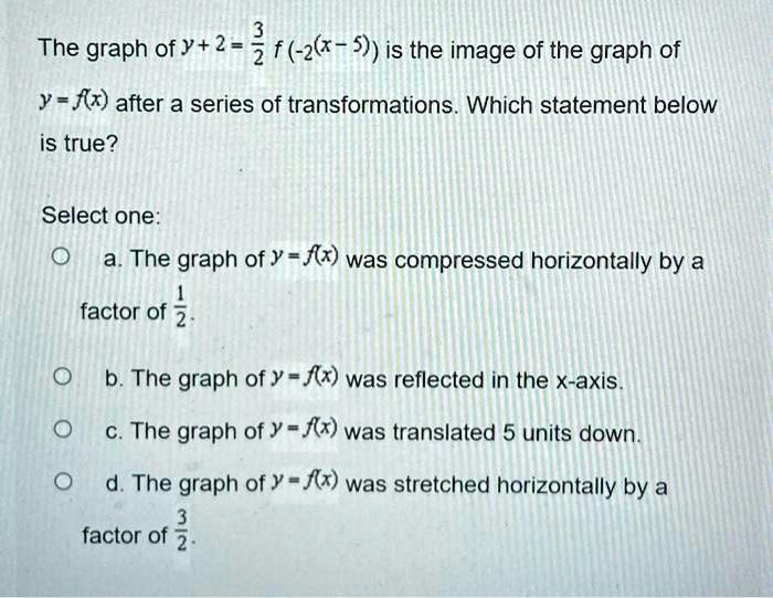 SOLVED: The graph of Y+ 2 = 2 f(-2( - 5)) is the image of the graph of y = flr) after a series ...