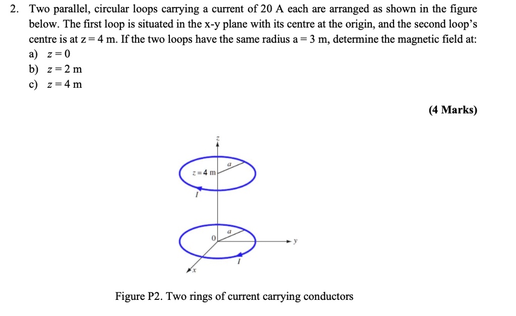 Two parallel, circular loops carrying a current of 20A each are arranged as shown in the figure ...