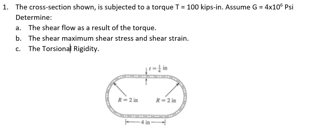 SOLVED: The cross-section shown is subjected to a torque T = 100 kips ...
