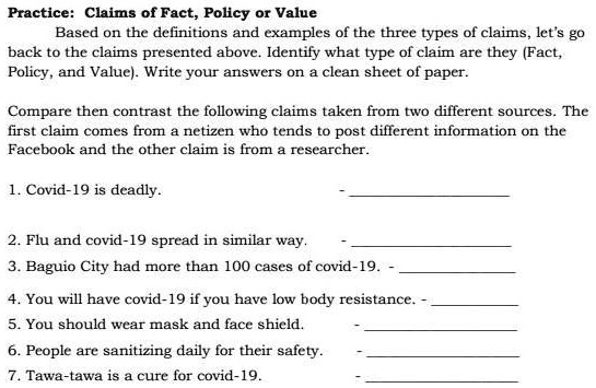 please answer pleasethankyouuu3 practice claims of fact policy or value ...