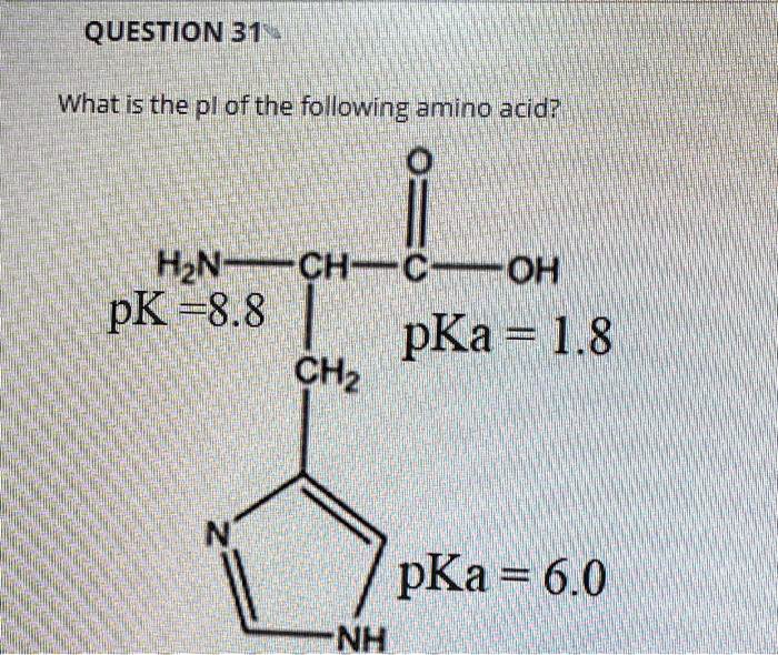 SOLVED: QUESTION 31 What is the pl of the following amino acid? zNi CHT OHI pK =8.8 pKa 1.8 CH2 ...
