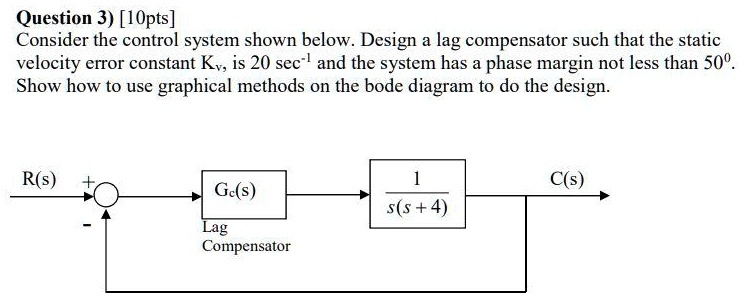 SOLVED: Question 3) [10 pts] Consider the control system shown below. Design a lag compensator ...