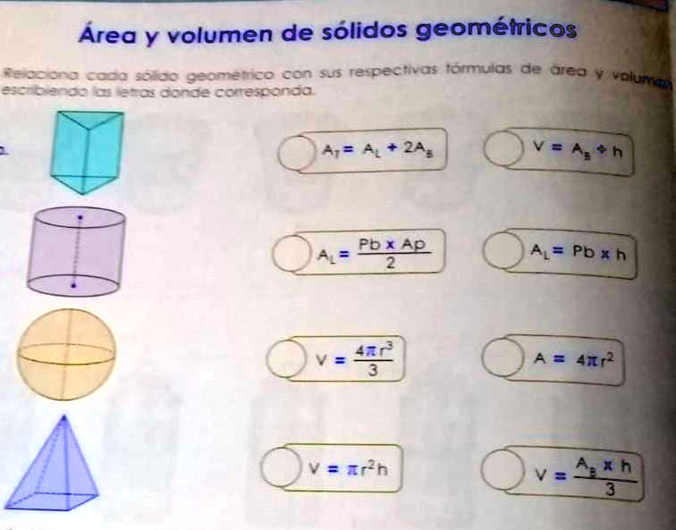 SOLVED: relaciona cada solidi geometrico con sus respectivas formulas ...