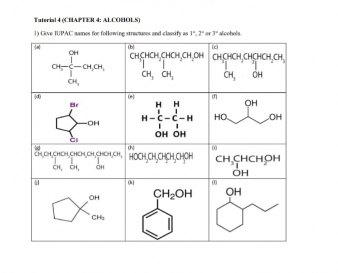 SOLVED: Tutorial 4 (CHAPTER 4: ALCOHOLS) 1) Give IUPAC names for following structures and ...