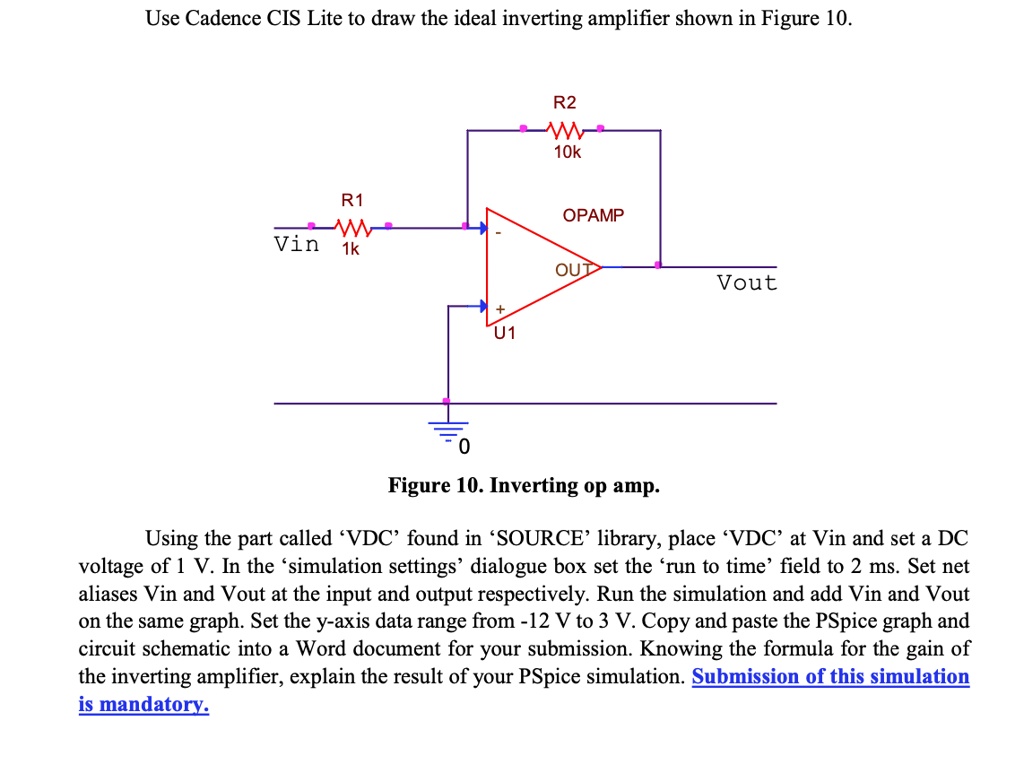 Use Cadence CIS Lite to draw the ideal inverting amplifier shown in Figure 10. R1 W Vin 1k + U1 ...