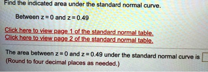 SOLVED: Find the indicated area under the standard normal curve Between z = 0 and z = 0.49 ...