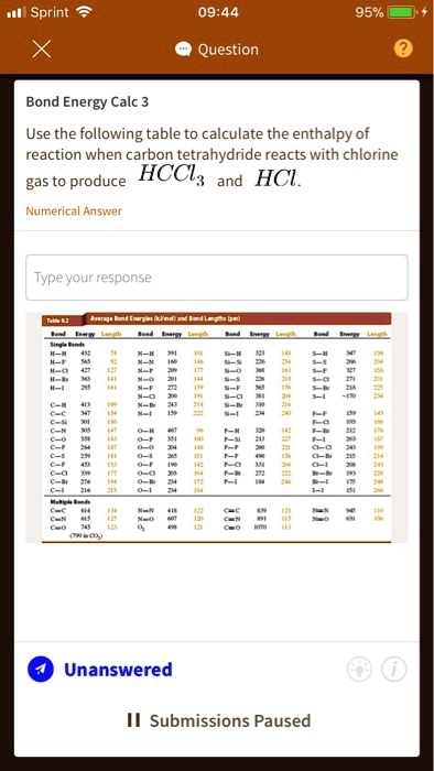 SOLVED: Sprint 09:44 952 Question Bond Energy Calc 3 Use the following ...