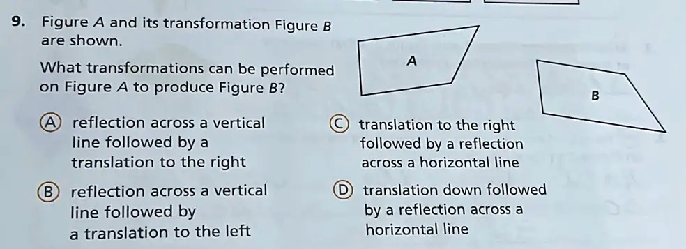 SOLVED: 9. Figure A and its transformation Figure B are shown: What ...