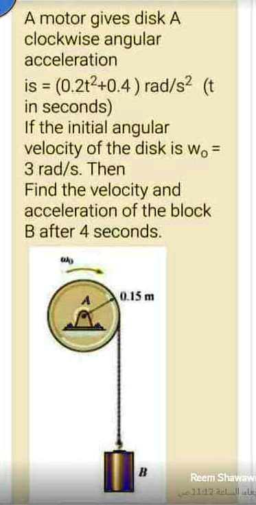 SOLVED: A motor gives disk A clockwise angular acceleration as = 0.2t + 0.4 rad/s^2 (t in ...
