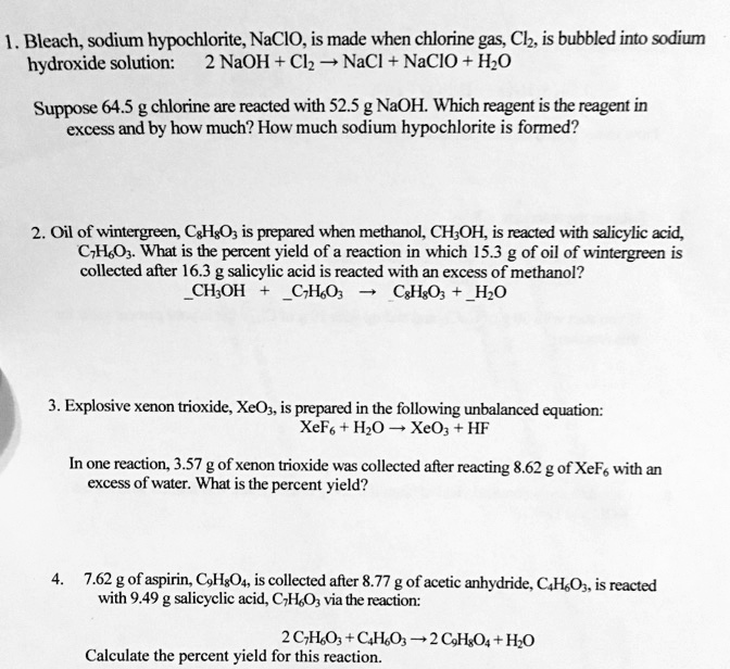 SOLVED: Bleach, sodium hypochlorite, NaCIO. is made when chlorine gas ...