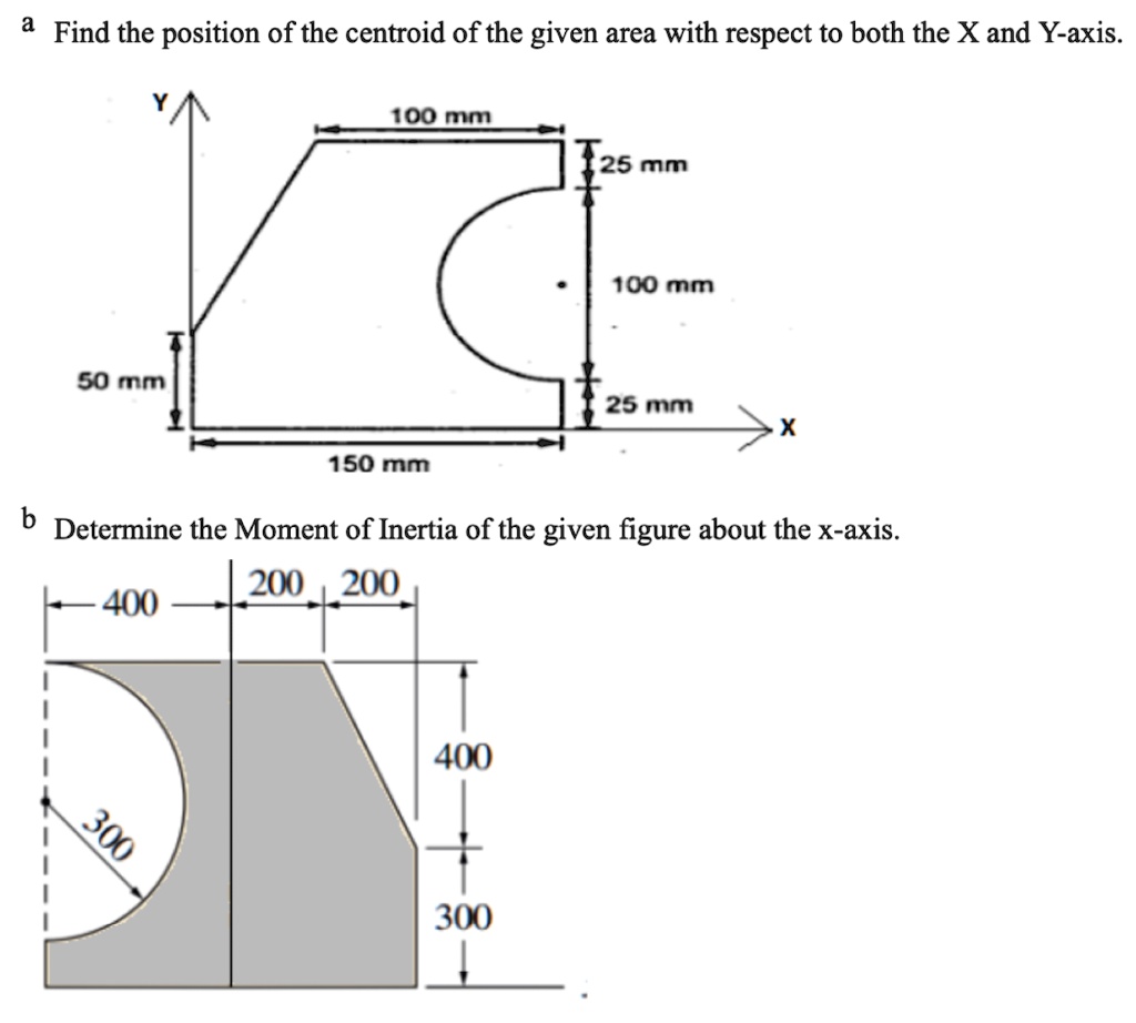 a Find the position of the centroid of the given area with respect to both the X and Y-axis. 50 ...