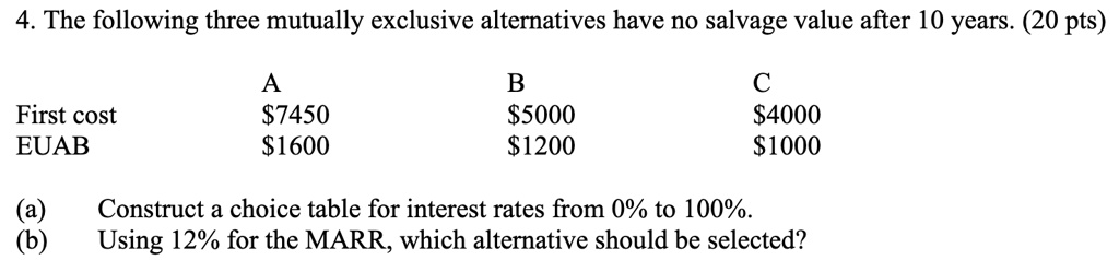 SOLVED: The following three mutually exclusive alternatives have no ...