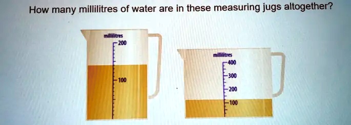 How many millilitres of water are in these measuring jugs altogether ...