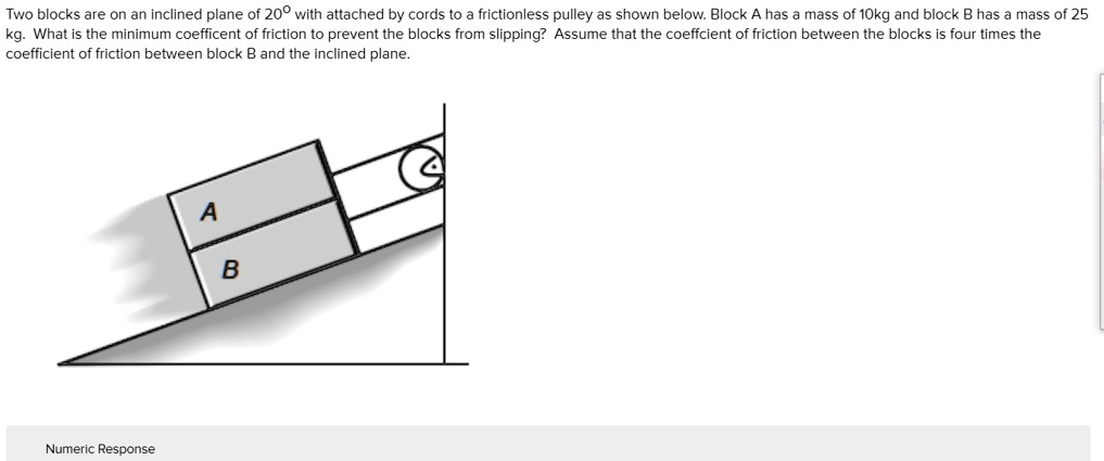 SOLVED: Two blocks are on an inclined plane of 20Â°, attached by cords ...