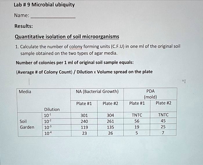 SOLVED: Lab # 9 Microbial ubiquity Name: Results: Quantitative ...