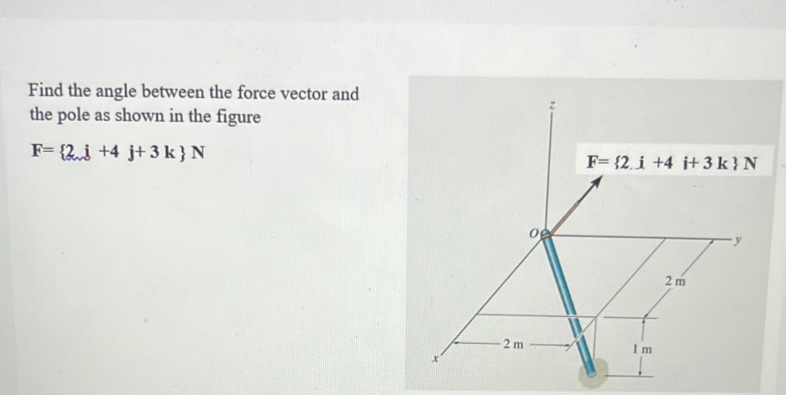 SOLVED: Find the angle between the force vector and the pole as shown in the figure F={2, 𝐣+4 𝐣+3 𝐤}