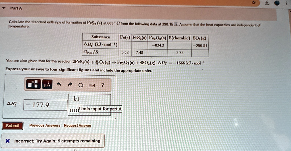 part a calculate the standard enthalpy of formation of fes2 s at 685 c from the following data ...