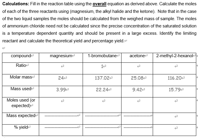 SOLVED: Calculations: Fill in the reaction table using the overall ...