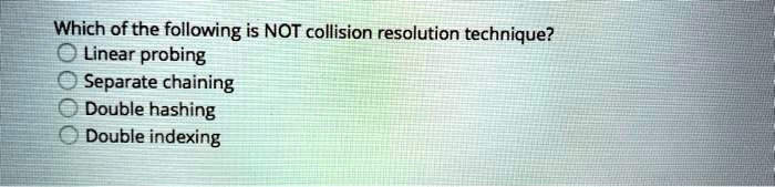 SOLVED: Which of the following is NOT collision resolution technique ... SOLVED: Which of the following is NOT collision resolution technique ...