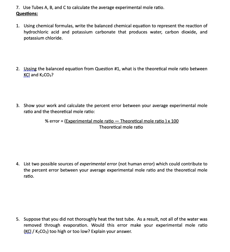 SOLVED: Use Tubes A, B,and C to calculate the average experimental mole ...