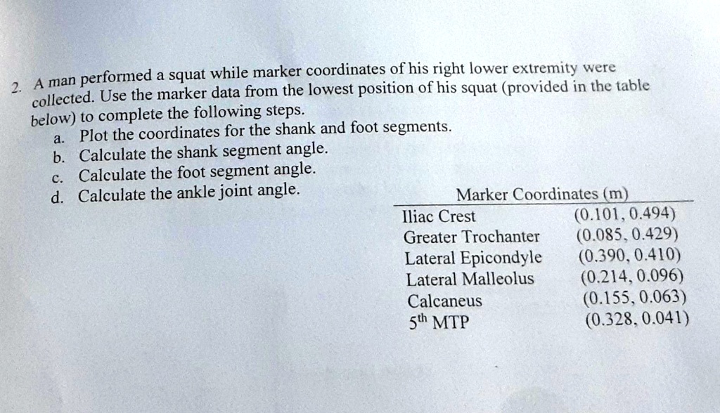 [GET ANSWER] 2. A man performed a squat while marker coordinates of his ...