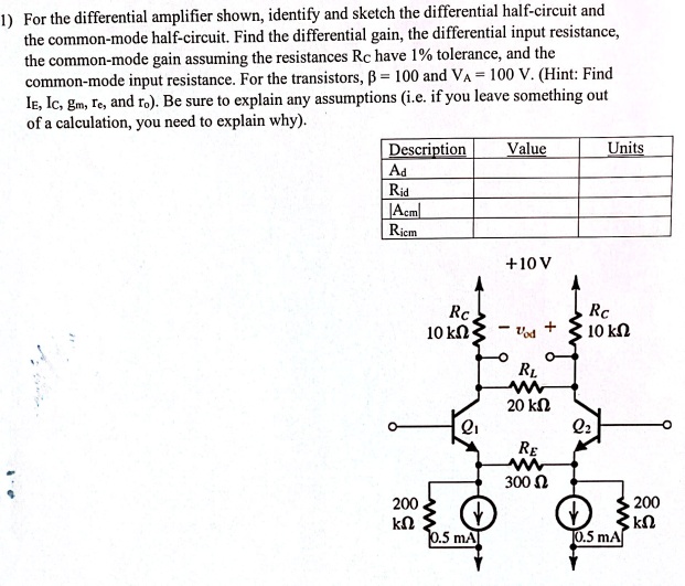 1) For the differential amplifier shown, identify and sketch the ... 1) For the differential amplifier shown, identify and sketch the ...