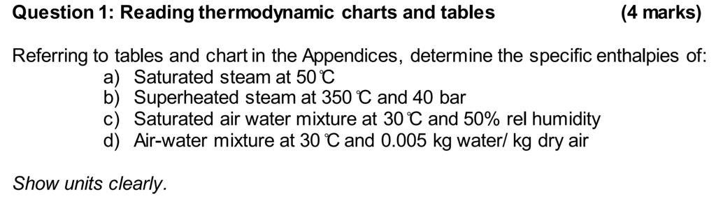 SOLVED: Question 1: Reading thermodynamic charts and tables (4 marks) Referring to tables and ...