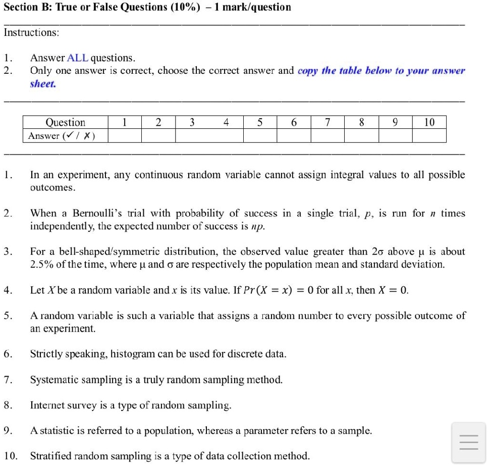 SOLVED: Text: Section B: True or False Questions (10%) Mark/Question Instructions: Answer ALL ...