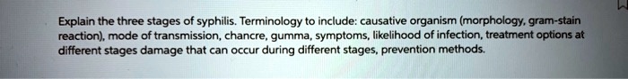 Explain the three stages of syphilis. Terminology to include: causative ...