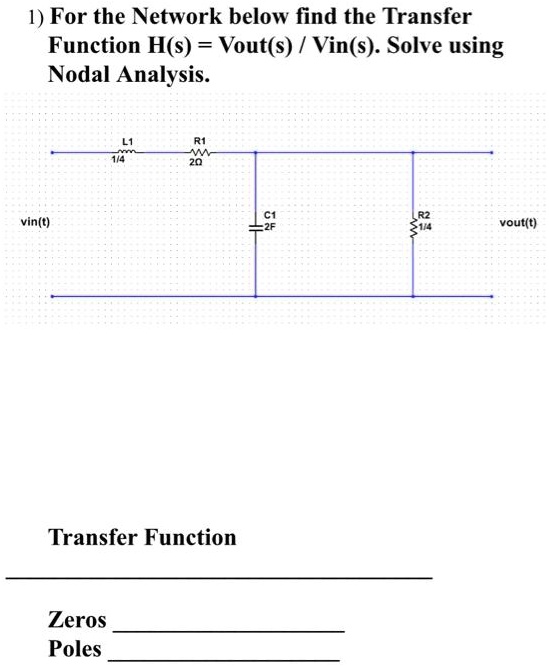 1) For the Network below find the Transfer Function H(s) = Vout(s) / Vin(s). Solve using Nodal ...