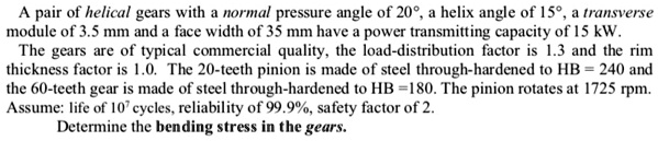 SOLVED: A pair of helical gears with a normal pressure angle of 20,a ...