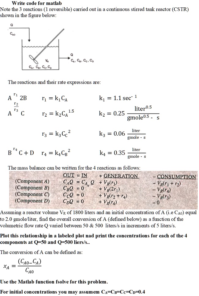 SOLVED: Write code for MATLAB. Note the 3 reactions (reversible) carried out in a continuous ...