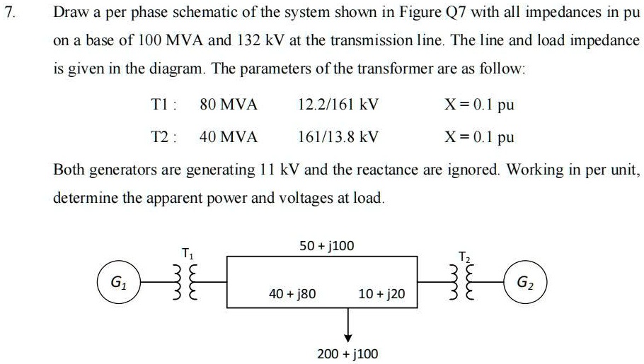 7. Draw a per phase schematic of the system shown in Figure Q7 with all impedances in pu on a ...