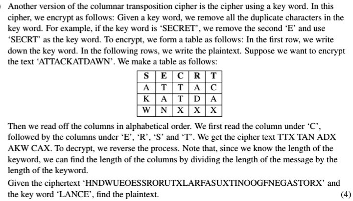 Video Solution Another Version Of The Columnar Transposition Cipher Is The Cipher Using A Key