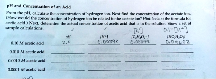 SOLVED: PH and Concentration of an Acid From the pH, calculate the concentration of = hydrogen ...